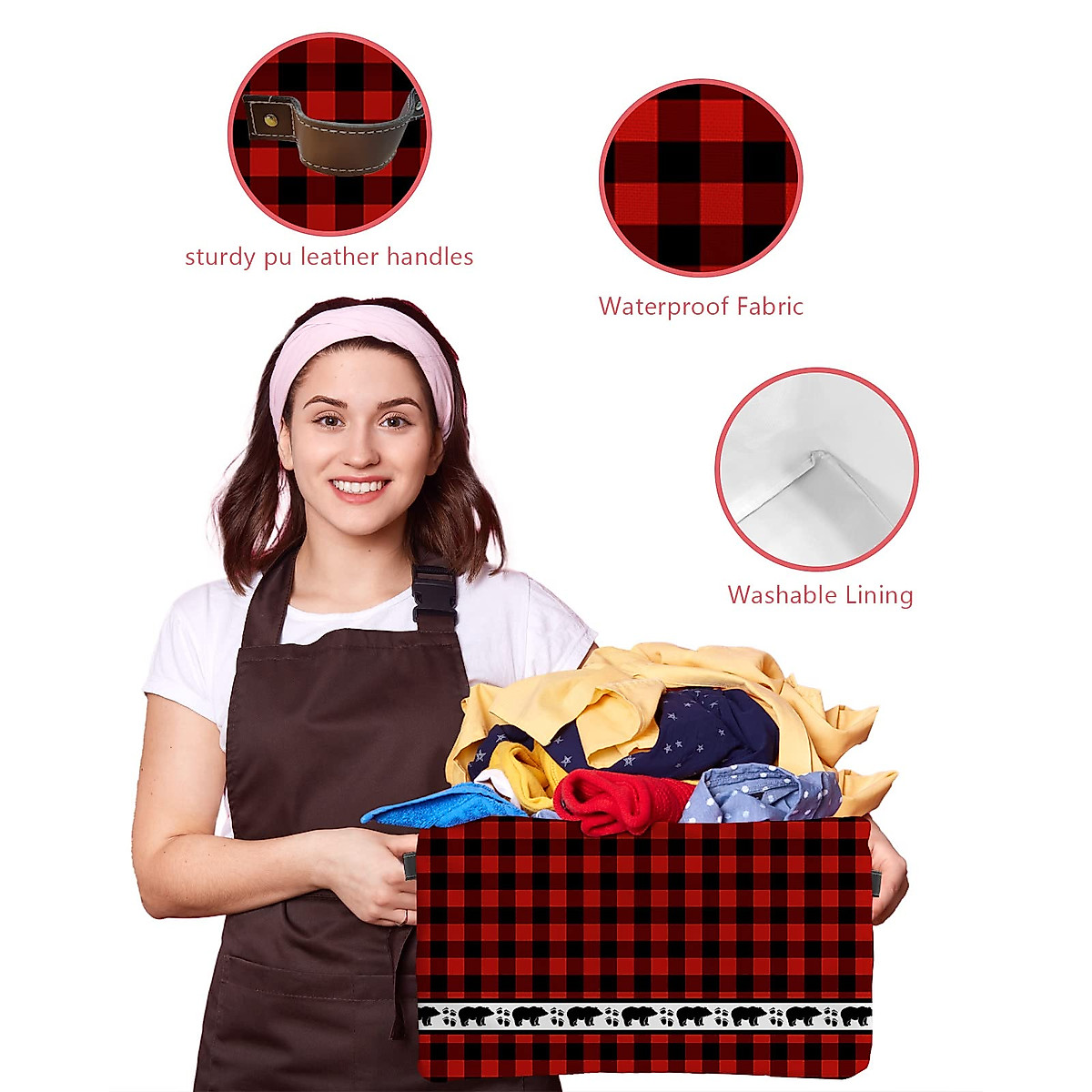 Red Black Plaid Bear Storage Bins 2 Pack, Large Waterproof Storage Baskets for Shelves Closet, Forest Wild Bear Silhouette Storage Basket Foldable Storage Box Cube Storage Organizer with Handles