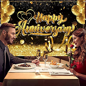 Gatherfun Happy Anniversary Banner Backdrop Anniversary Party Supplies Large Black Gold Photography Background Poster for Wedding Anniversary Party Birthday Party Decorations