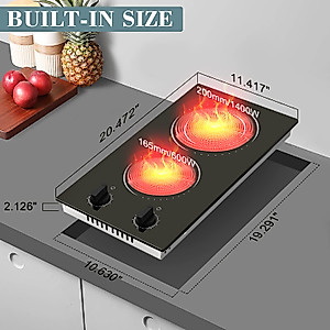 Hobsir hob 2 Burner Electric Cooktop, 110v Electric Burner Stove Top 12 inch Knob Control Countertop & Built-in Radiant Electric Stove with Residual Heat Indicator, Over-Temperature Protection