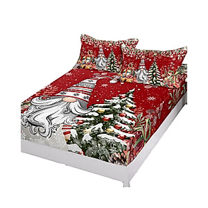 Red Christmas Fitted Sheet Set for Full Size Bed,Gnome Xmas Tree 3 Pieces Bedding Deep Pocket Bedsheet Fits Mattress Up to 16",Bottom Sheets for Bedroom Decor,Botanical Leaves