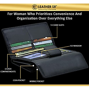 Leather SR Women Leather Wallets RFID Blocking Large Capacity Ladies Tab Clutch Wallet With ID Window Zipper Pocket Multi Card Organizer (Black RFID)