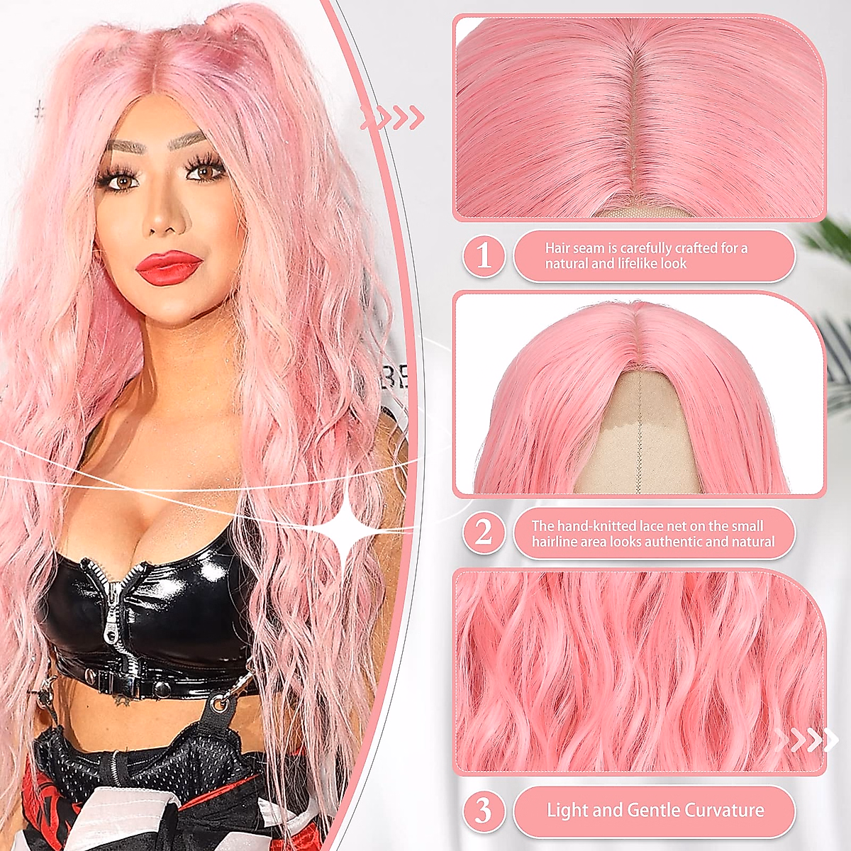 BUPPLER Cosplay Long Pink Wig 28 Inch Middle Part Synthetic Wig Realistic Gifts Party Wigs for Women Daily Use Colorful Wigs (Pink)
