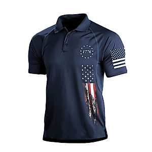 HARGLESMAN Men's Quick Dry Performance Short Sleeve Tactical Patriotic Polo T Shirt Tops Summer 1776 Printed Sports Casual Tees for Golf Tennis Paintball Activewear Navyblue L