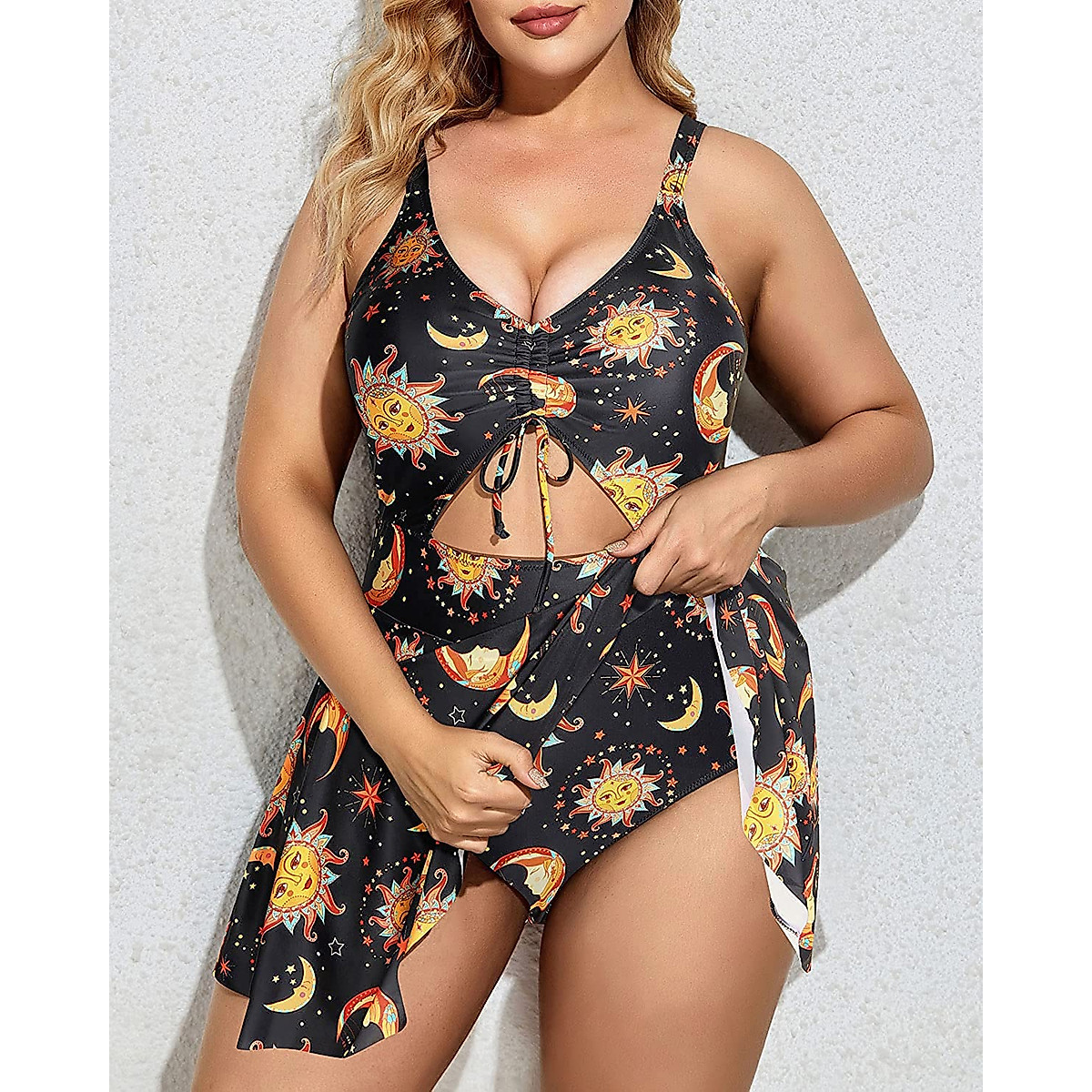 Yonique Women Plus Size One Piece Swimsuits with Skirt V Neck Swimdress Cutout Bathing Suits Sun Stars and Moon 18W