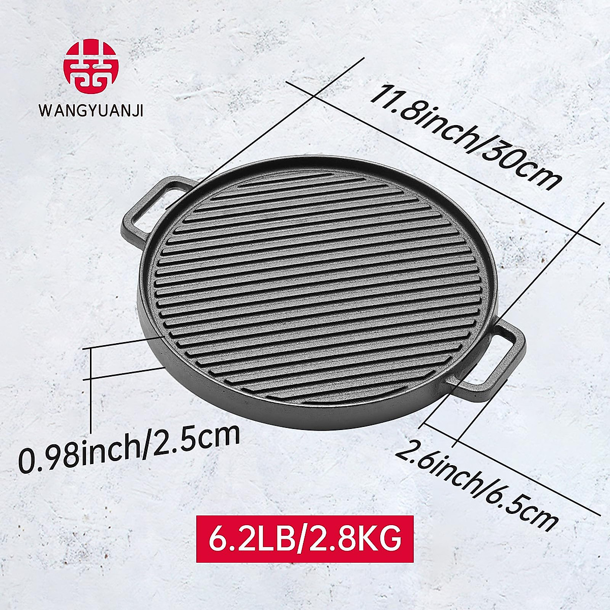 WANGYUANJI Cast Iron Grill Pan,11.8inch Round Cast Iron Skillets with Dual Handles for Barbecue,Suitable for All Stoves with Spatula and Brush