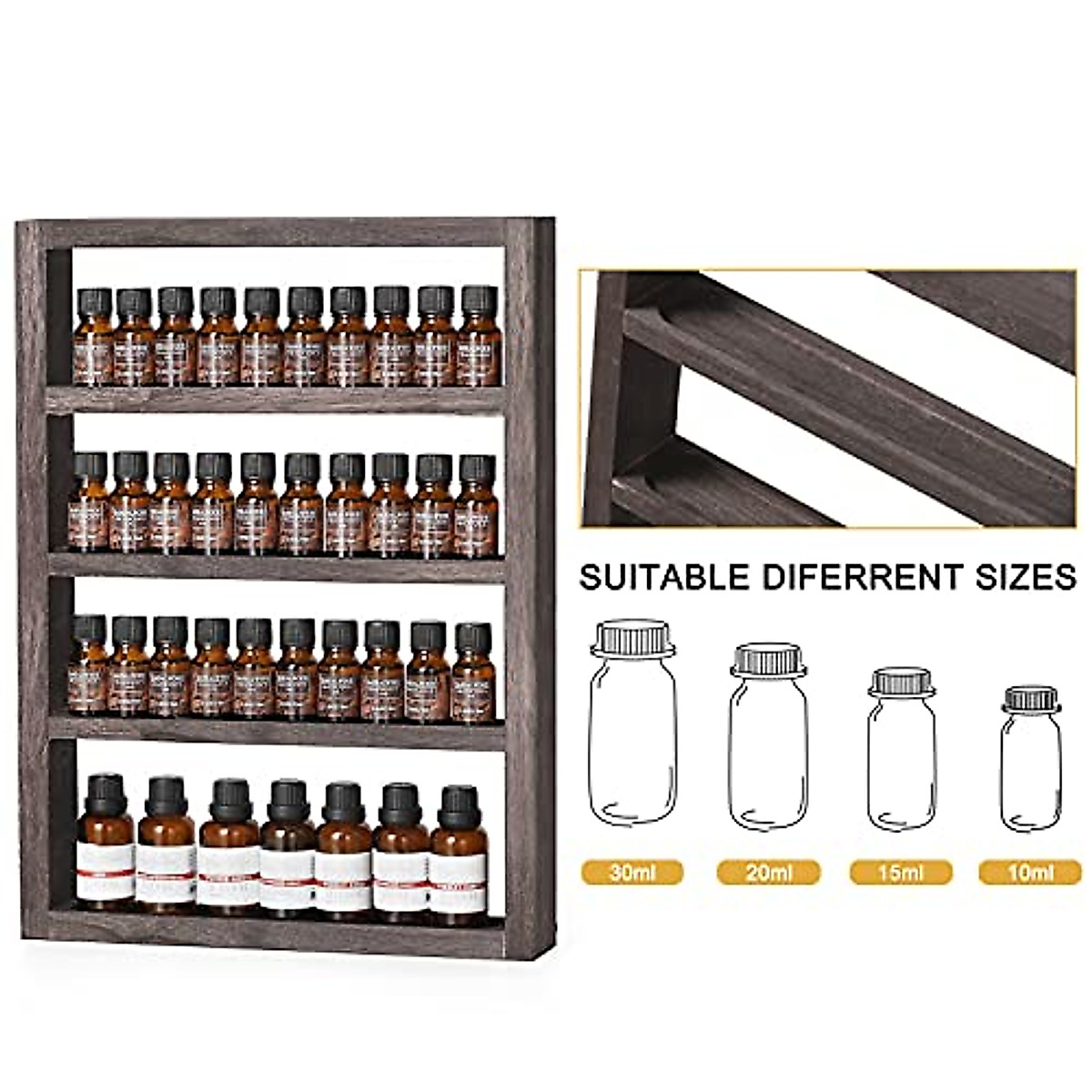 ETELI Essential Oil Storage Rack 4 Tier Wall Mounted Wooden Display Shelf Holder Nail Polish Organizer with Groove Inside for Bedroom Bathroom Powder Room, Rustic Brown