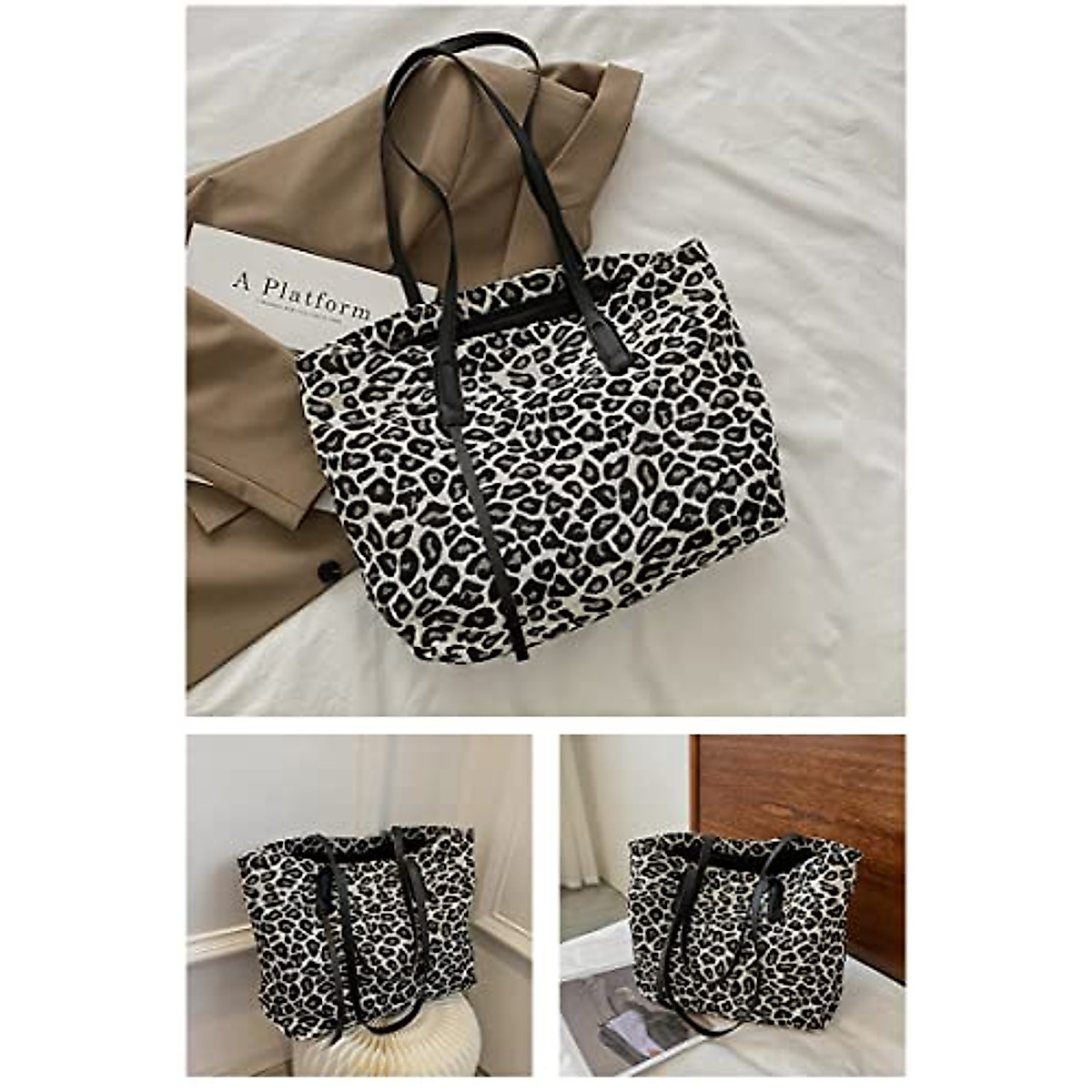 Leopard Shoulder Bag Soft Large Tote Purse Handbag Hobos Satchel for Women (White)