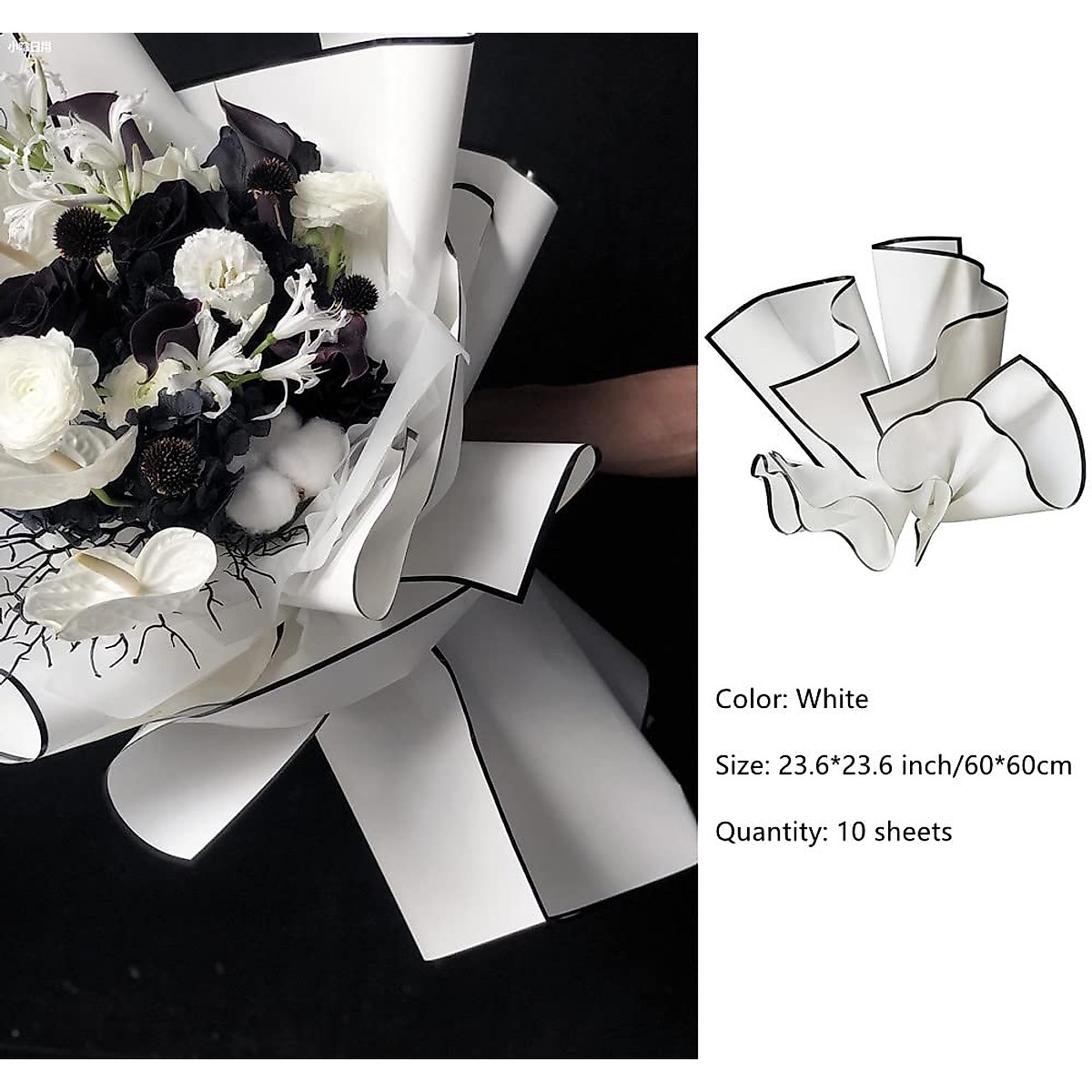 20 Sheets black and white aristocratic border Flower Wrapping Paper Waterproof Thicken Florist Bouquet Packaging Paper Gift or Gift Box Packaging Paper 23.6 x 23.6 inch(Dark Black + Porcelain White)