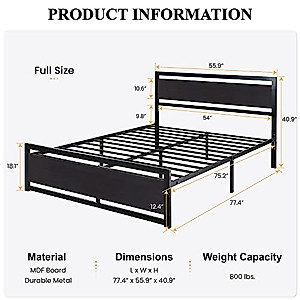 SHA CERLIN Full Size Bed Frame with Modern Wooden Headboard/Heavy Duty Platform Metal Bed Frame with Square Frame Footboard & 13 Strong Metal Slats Support/No Box Spring Needed, Black