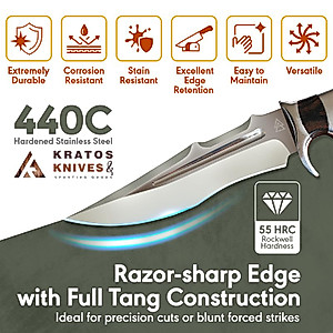 Kratos Hunting Knife with Sheath, 12.2" Survival Knife Full Tang Knife, 440 Stainless Steel Fixed Blade Hunting Knives with Wood Handle ZF11