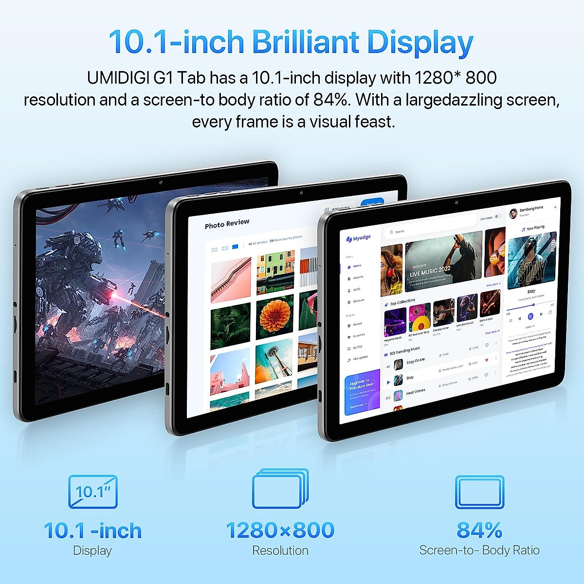 UMIDIGI G1 Tab Android 13 Tablet 2024, 8（4+4） GB+64GB 1TB Expand, Wi-Fi 6 Model, 10.1 inch Tablet with Quad-Core Processor up to 2.0 GHz, 6000mAh, Dual Camera, BT, 1280 * 800 HD IPS Touch Screen
