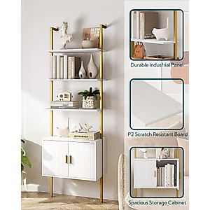 Yusong 73" Tall Bookshelf with Cabinet, Industrial Ladder Wall Mount Shelf Bookcase with Wood and Metal Frame, Plant Shelf Wall Storage Display for Living Room Bedroom, White Gold