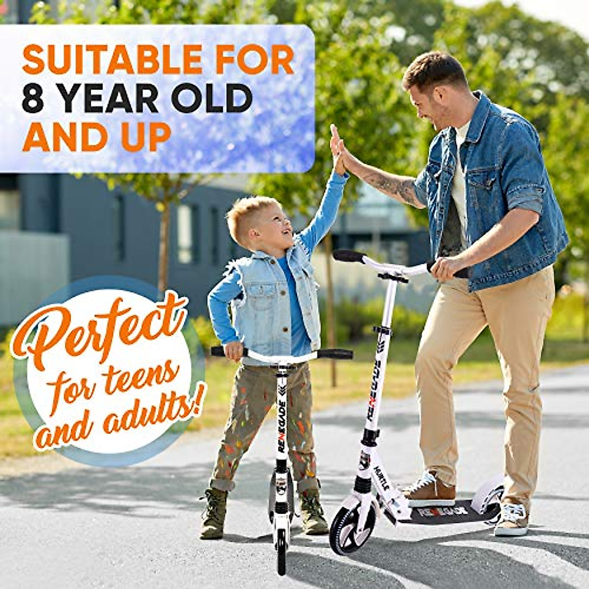 Hurtle Adult Kick Scooter - Folding, Adjustable T-Bar Handlebar, 8 Inch Smooth Gliding Wheels, White