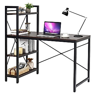 Tangkula Computer Desk with 4 Tier Shelves, Study Writing Table with Storage Bookshelves, Modern Compact Home Office Workstation, 47.5" Tower Desk with Steel Frame & Adjustable Feet Pad, Walnut