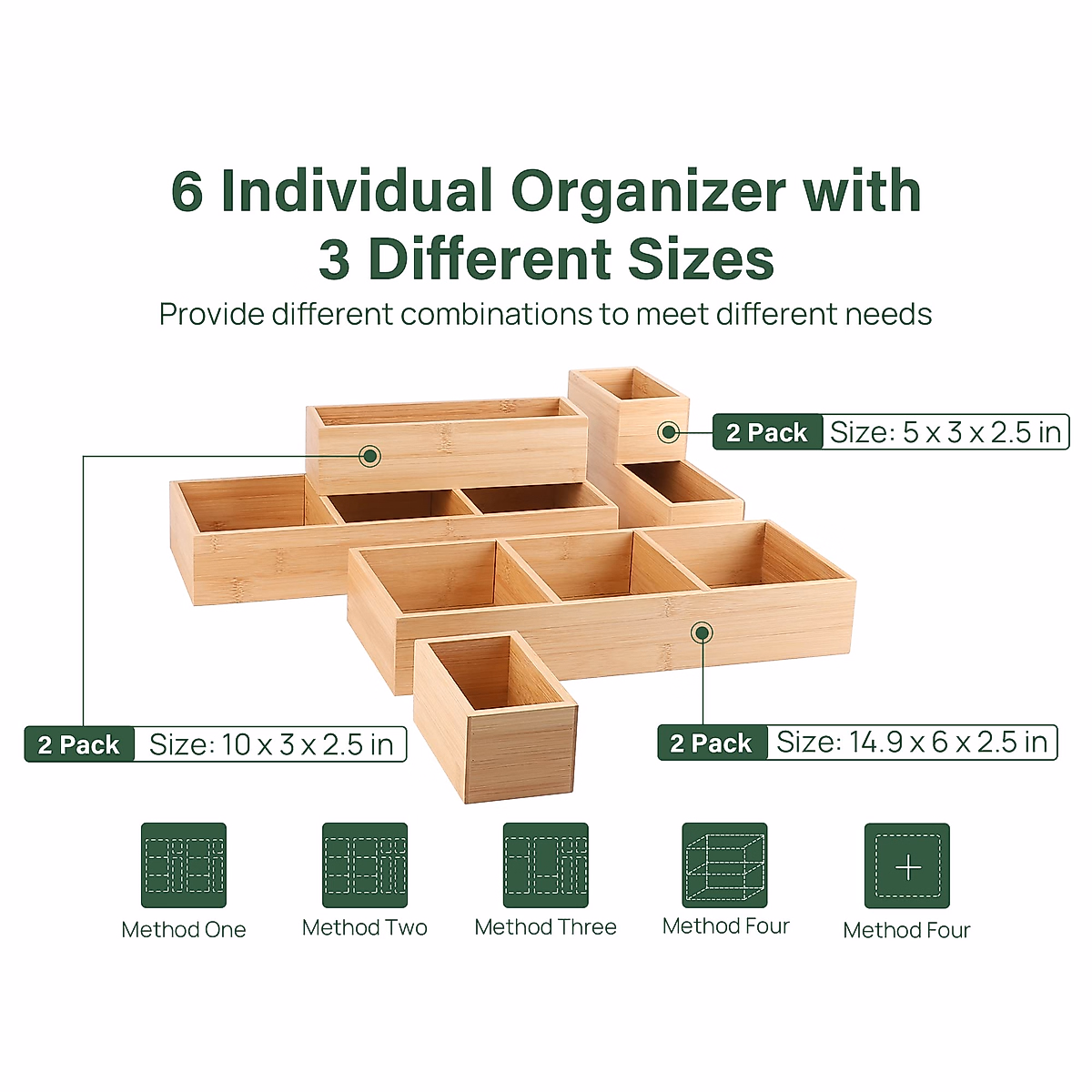 Kootek 6 Pcs Bamboo Drawer Organizer Utensil Tray Kitchen Storage Box 3-Size Versatile Dividers Cutlery Holders Bins Containers for Flatware Kitchen Utensils