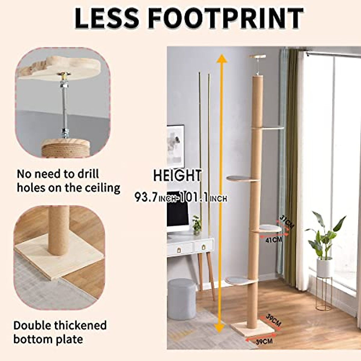 Catforest Floor-to-Ceiling Cat Tree Cat Climbing Tower with Natural Sisal Rope Scratching Post, Height:93.7-101.1Inch&101.2-108.6Inch&108.7-115.4Inch 3 Options (Celling Height:93.7Inch-101.1Inch)