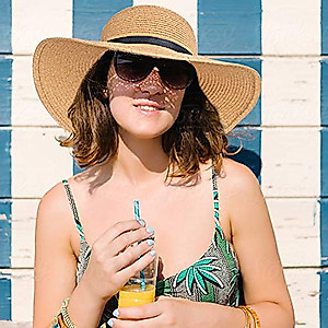 Womens Straw Hat Wide Brim Floppy Beach Sun Hat for Women UPF 50+ Adjustable Strap Vacation