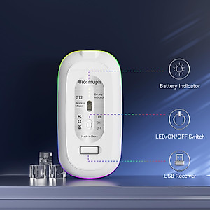 Uiosmuph LED Wireless Mouse, G12 Slim Rechargeable Silent 2.4G Portable Optical Wireless Computer Mice with USB Receiver and Type C Adapter (Rose Gold)