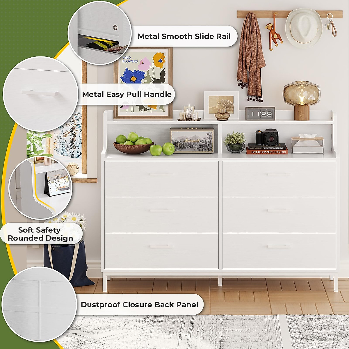 Hasuit White Dresser for Bedroom with 6 Drawers and Storage Shelves, Wide Chest of Drawers with Sturdy Steel Legs, Large Wooden Storage Tower Dresser Organizer, Dresser for Bedroom, Clost, Entryway