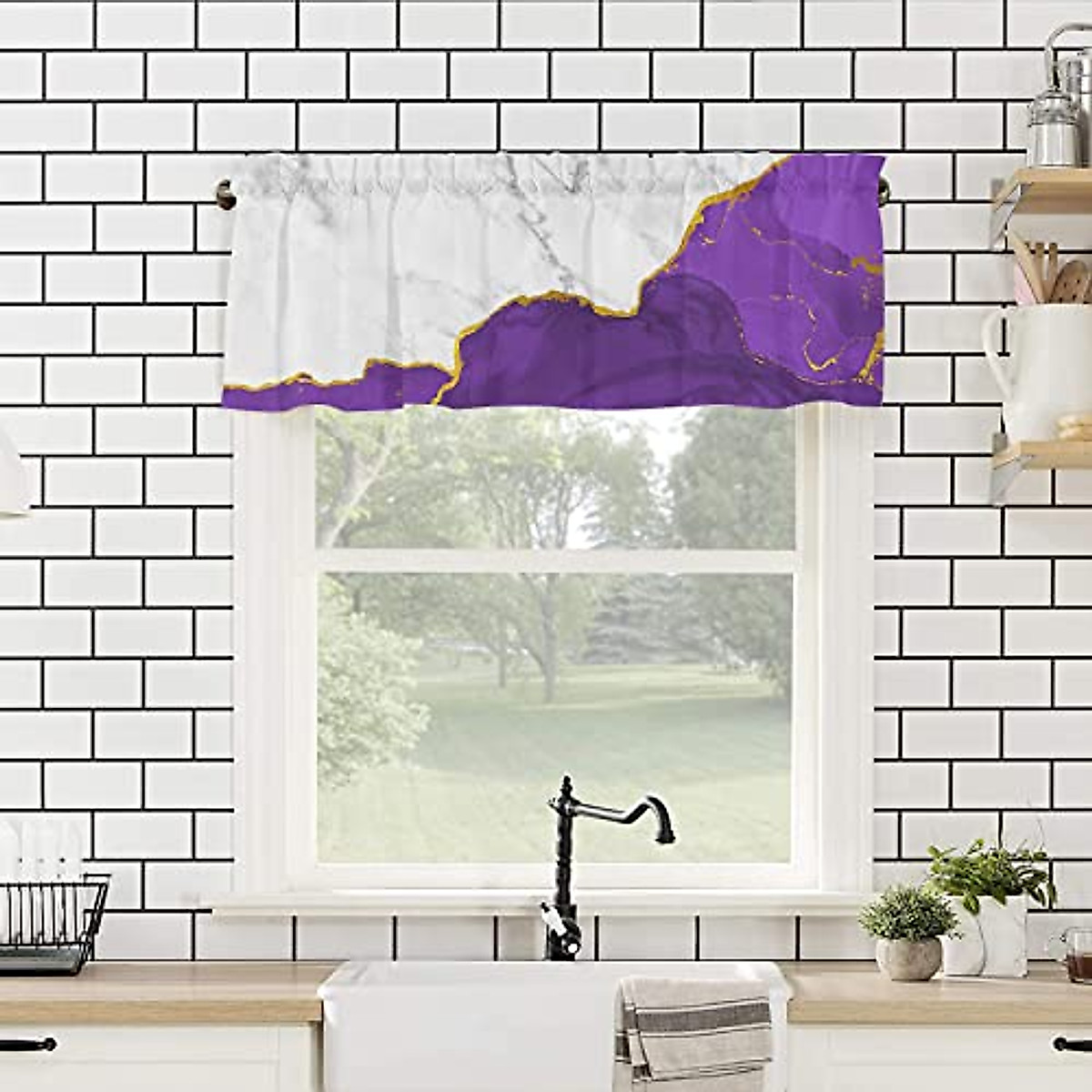 COLCE Valances for Windows Wild Marble Pattern Gold Purple White Ombre Curtain Valance for Kitchen Basement Window Curtain Decorative Rod Pocket Short Winow Valance Curtains 54" W x 18" L