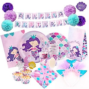 202 Pcs Mermaid Birthday Decorations Serves 16 Guests - Mermaid Party Decorations - Plates, Napkins, Utensils, Goodie Bags, Cupcake Toppers Wrapper and Headband
