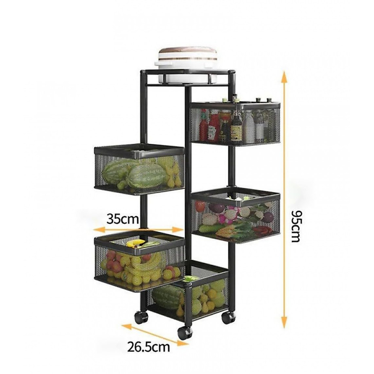 CLAYHU Rotating Storage Rack with Lockable Casters & Stainless Steel Removable Storage Basket Fruit and Vegetable Storage Rack for Kitchen Bathroom Storage Basket Rack Bedroom (Black, 5 Tier)