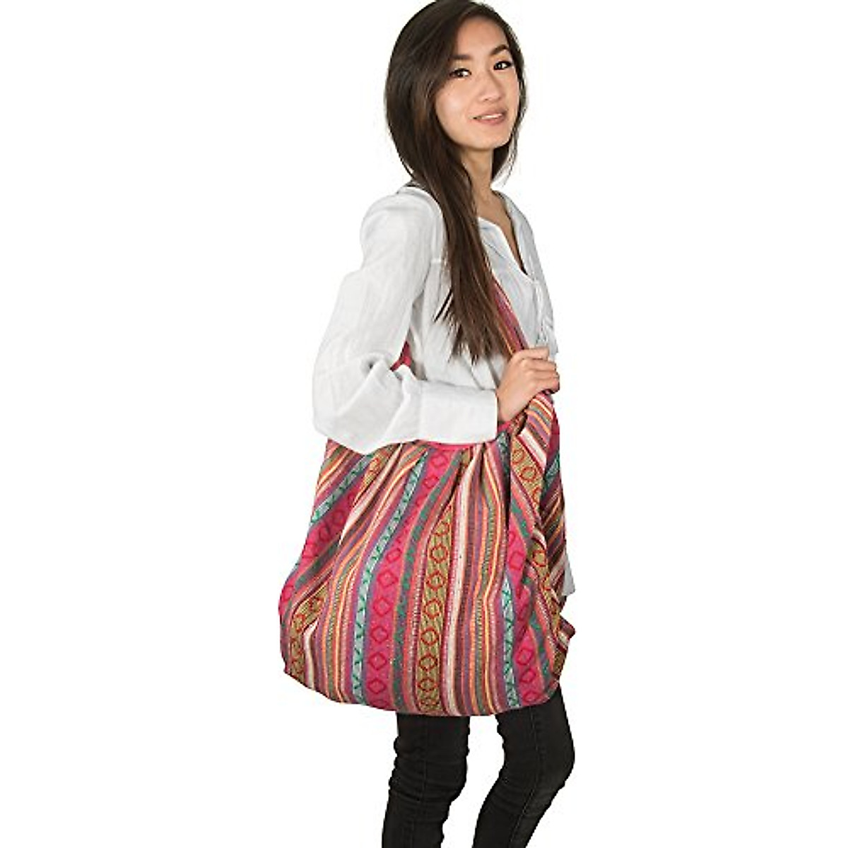 Pink Jacquard Cotton Shoulder Travel Canvas Tote Bag Hobo Style Casual Market Purse Handbag
