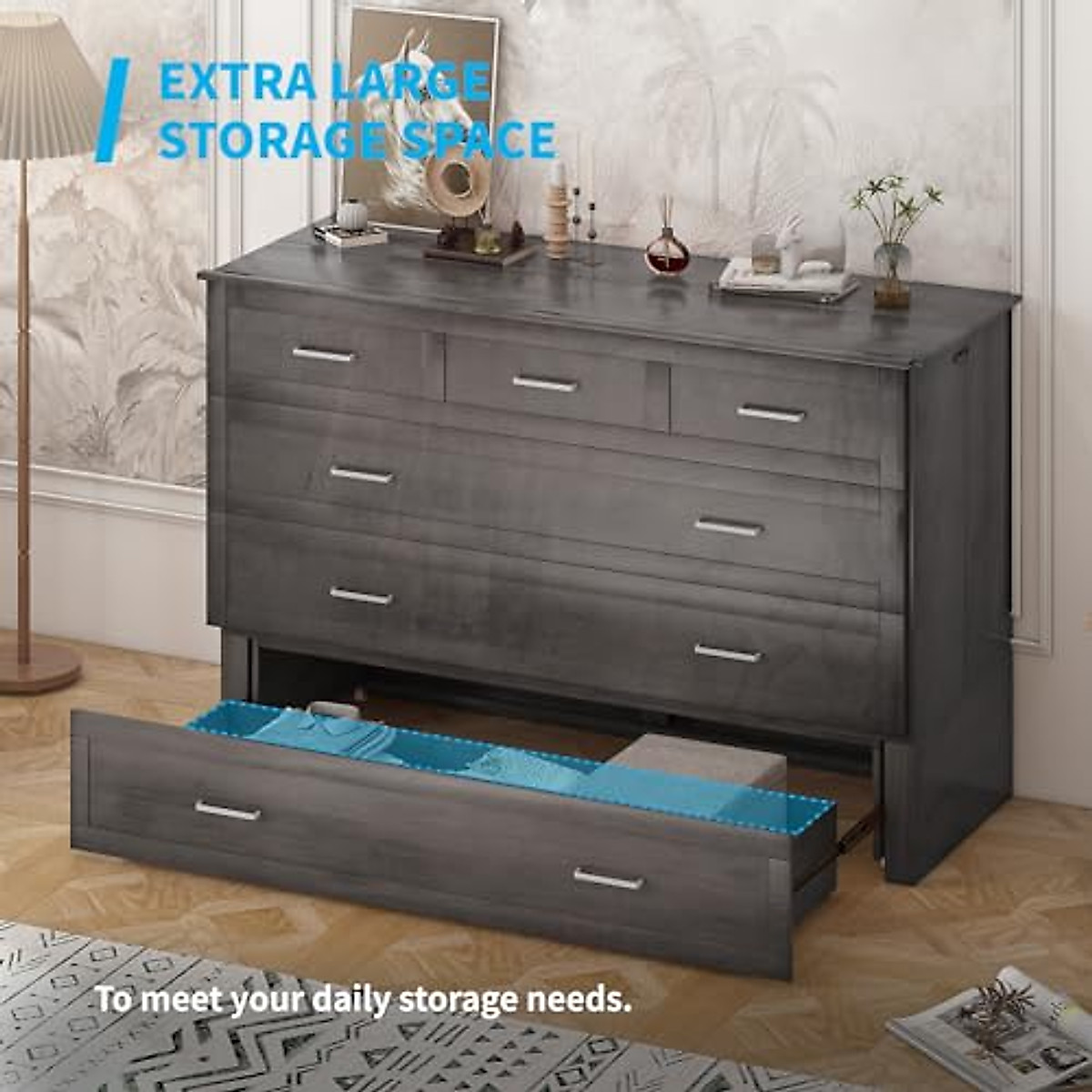 Mjkone Queen Murphy Bed with USB Charging Station | Modern Cabinet Bed with Tri-Folding Mattress | Hide-Away Bed with 2 Drawers for Bedroom | Guest Room | Office (Grey Pattern XI)