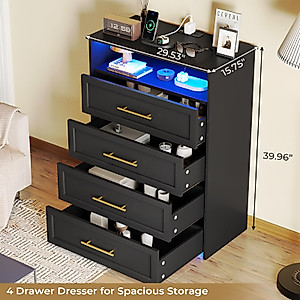 AOGLLATI Black Dresser for Bedroom with Charging Station, Chest of Drawer with Dual Led Light,4 Drawer Dresser, Modern Bedroom Led Wood Wide Dresser for Bedroom
