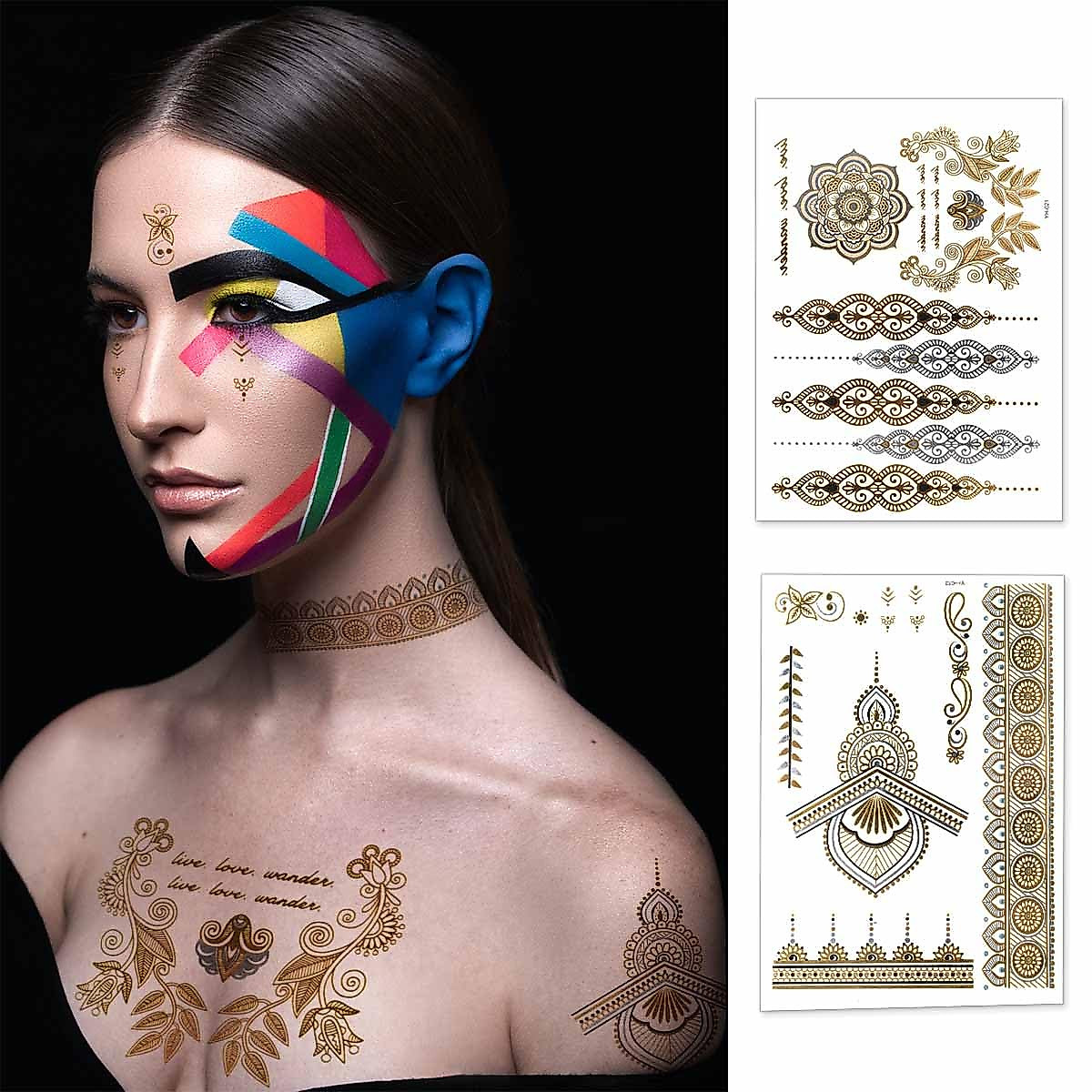 12 Sheets Flash Gold Metallic Temporary Tattoos for Women Girls Waterproof Gold Silver Tattoo Stickers for Beach Festivals Parties Long Lasting Nontoxic Glitter Fake Tattoos Exquisite Designs