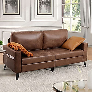 Esright Leather Sofa Couch, Faux Leather Couch 79" Wide, Mid Century Modern Couches for Living Room, Brown Leather Sofa Couch, Saddle Brown