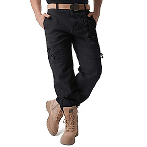 GSGGIG Men's Work Pants Outdoor Tactical Cargo Pants for Men, Cotton Casual Combat Pants with Zipper Pockets No Belt 9920-Black-32
