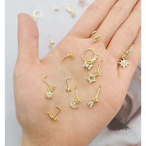 SAMOCO 20Pcs 20G Dangle Nose Ring L Shaped Dangling Stud for Women, CZ Flower Stainless Steel Studs Hoops Nose Piercing Jewelry(Gold)
