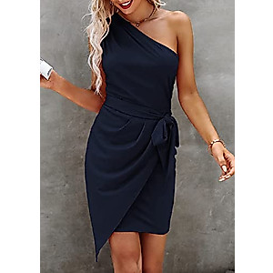 PRETTYGARDEN Women's Fashion One Shoulder Ruched Bodycon Fitted Cocktail Party Mini Dress (Navy,Medium)