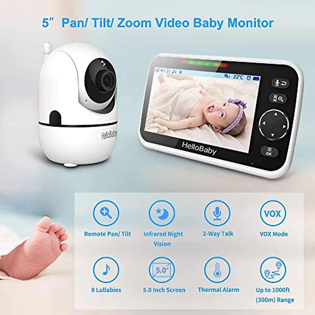 HelloBaby Monitor, 5''Display, Pan-Tilt-Zoom Video Baby Monitor with Camera and Audio, Night Vision, 2-Way Talk, Temperature, 8 Lullabies and 1000ft Range Baby Monitor No WiFi for Elderly(Old Model)