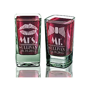 Lips Bow Tie Personalized Set of 2 Mr and Mrs Shot Glasses Custom Bridal Shower Newlyweds Newly Married Christmas Wedding Gift for Bride and Groom