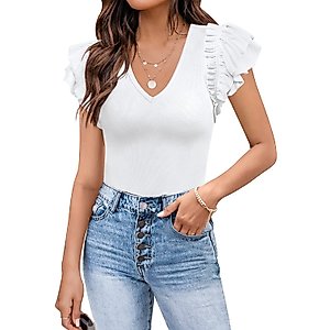 DOROSE Womens Summer Tops Sexy V Neck Casual Ruffle Short Sleeve Shirts Blouses White Medium