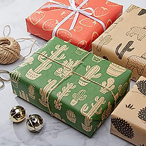 RUSPEPA Kraft Wrapping Paper Roll - Cactus/Strawberry/Alpaca/Hedgehog Printed Great for Congrats, Holiday and Special Occasion - 4 Roll - 30Inch X 10Feet Per Roll