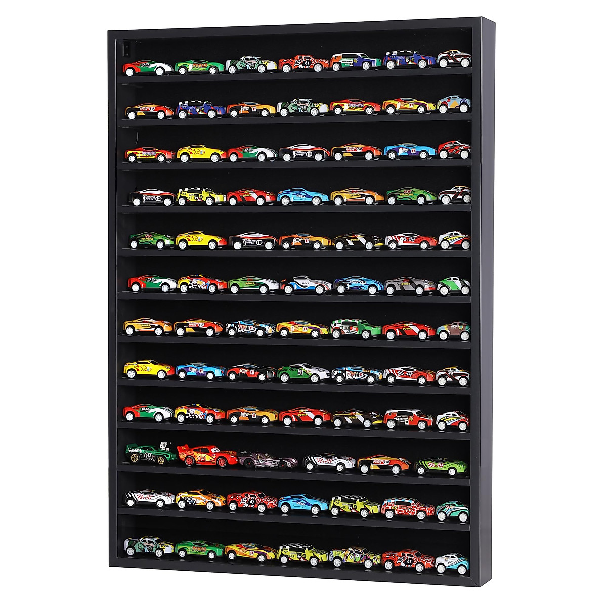 DisplayGifts Open Front Hot 1:64 Scale Toy Cars Wheels Matchbox Display Case Die-cast Model Cars Storage Cabinet - NO Door Cover in The Front (Black) - 26.5 X 18.75 X 3 Inches