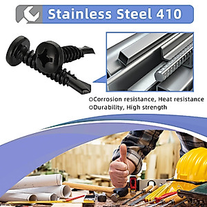 #8 X 1-1/4" Pan Head Self Drilling Screws, Phillips Drive Self Tapping Sheet Metal Tek Screws, Black Oxide 410 Stainless Steel, 100 PCS