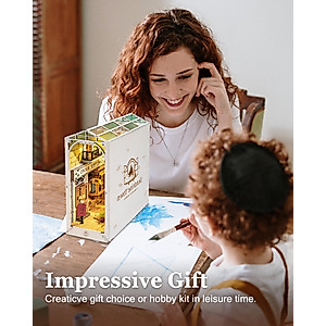 Rolife DIY Book Nook Kit 3D Wooden Puzzle for Adults 9.5" Bookshelf Indert Decor with LED Miniature Dollhouse Kit Bookend Crafts Diorama Hobbies Gifts for Boys Girls (Sunshine Town)