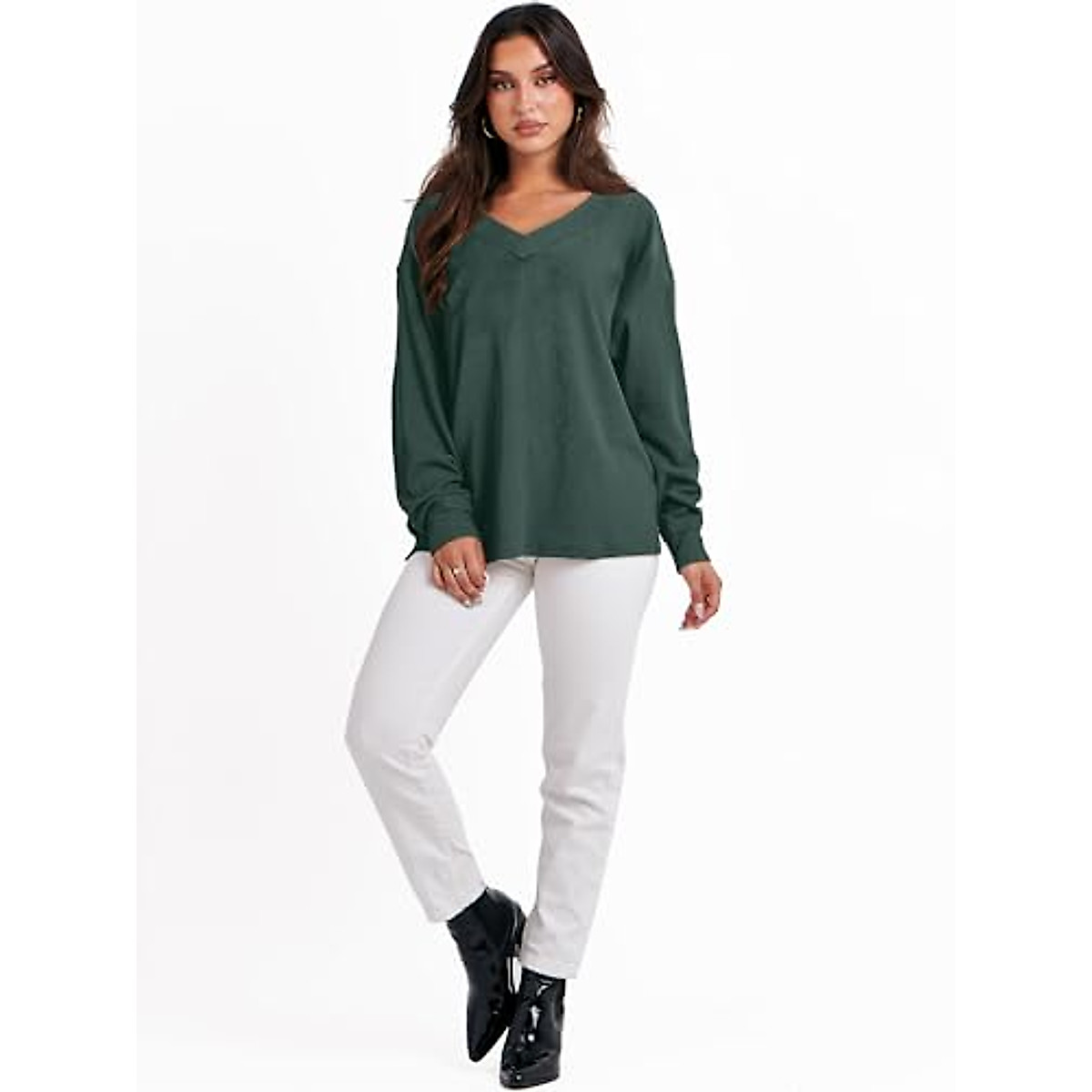 ANRABESS Oversized Long Sleeve Shirts for Women Off the Shoulder Sweatshirt Loose V Neck Tunic Tops High Low Sweater 2024 Large Dark Green