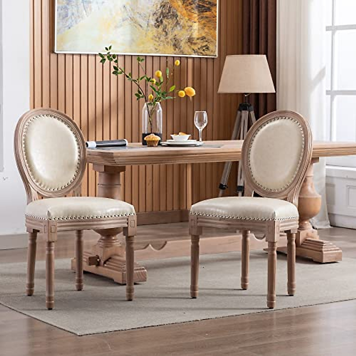 GOOLON Dining Chair PU Leather French Dining Chair Set of 2 Vintage Chair Round Backrest Upholstered Armless Chair with Wood Leg Mid Century Chair for Dining Room Kitchen Beige