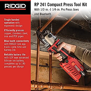 RIDGID 57363 Model RP 241 Compact Press Tool Kit with 1/2" to 1-1/4" ProPress Jaws, Battery, and Charger, Compact Pressing Tool with Bluetooth Connectivity