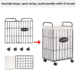 Mxfurhawa Iron Wire Laundry Hamper With Rolling Lockable Wheels, Folding Laundry Storage Basket with Handles,Detachable Liner Collapsible Dirty Laundry Hamper Cart Sorter Clothes Basket Organizer (23.6 inches)