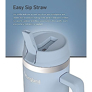 RANGLAND 40 oz Tumbler Cup with Handle and Carrier Bag, 24-Hour Insulated Water Bottle with Straw Lid, Neoprene Carrying Sleeve and Hand Strap (Feather Blue)