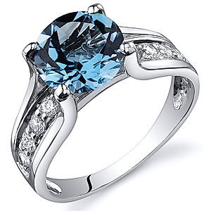 PEORA Swiss Blue Topaz Cathedral Solitaire Ring for Women 925 Sterling Silver, Natural Gemstone Birthstone, 2.25 Carats Round Shape 8mm, Size 6