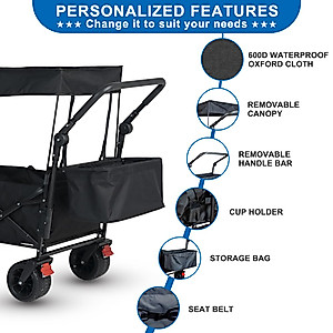 SKYMANOR Collapsible Garden Cart with Removable Canopy, 3-in-1 Utility Heavy Duty Wagon Cart with All-Terrain Wheels, Adjustable Handle, Seat Belt, 300LBS Folding Wagon for Camping(Black)