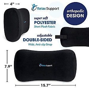 RELAX SUPPORT RS7-X Lumbar Support Pillow - Medium Firm Memory Foam Office Chair Back Support - Promotes Spinal Alignment & Better Posture - Non-Slip Strap, Washable Cover - Fits Wheelchair, Recliner