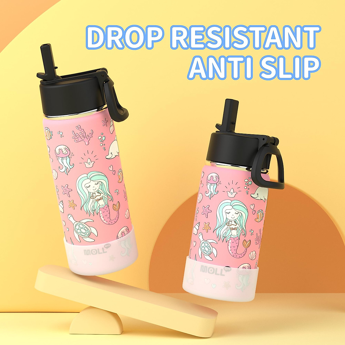 Mollcity 16 oz Stainless Steel Vacuum Insulated Wide Mouth Sports Water Bottle for Back to School-Reusable Metal Water Bottle Flask with Straw for Girls-Mermaid